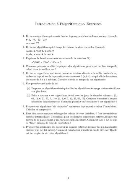 Introduction `a L`algorithmique Exercices