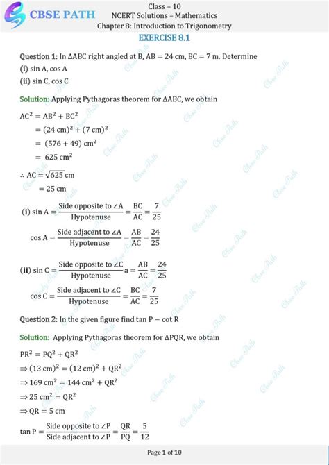 Ncert Solutions For Class 10 Maths Exercise 8 1 Introduction To Trigonometry Cbse Path