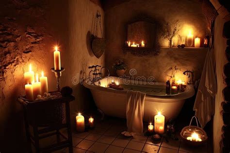 Romantic Bathroom With Flickering Candles And Steamy Shower Ready For