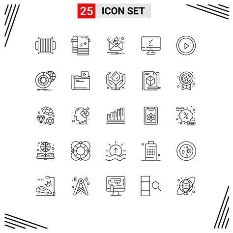 Mobile Interface Line Set Of 25 Pictograms Of Play Pc Alert Imac Monitor Editable Vector Design