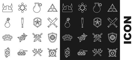 교차 검 대상 스포츠 교차 야구 방망이 손 수류탄 야구 폭탄 폭발 준비 뿔 헬멧과 경찰 배지 아이콘바이킹세트 라인 나무 방패 벡터 검은색에 대한 스톡 벡터 아트 및 기타