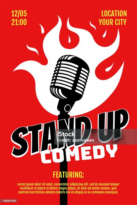 스탠드 업 코미디 나이트 라이브 쇼 A3 A4 포스터 디자인 템플릿 빨간색 배경에 불이 있는 복고풍 마이크 뜨거운 농담 로스트 컨셉 전단지 벡터 오픈 마이크 일러스트레이션