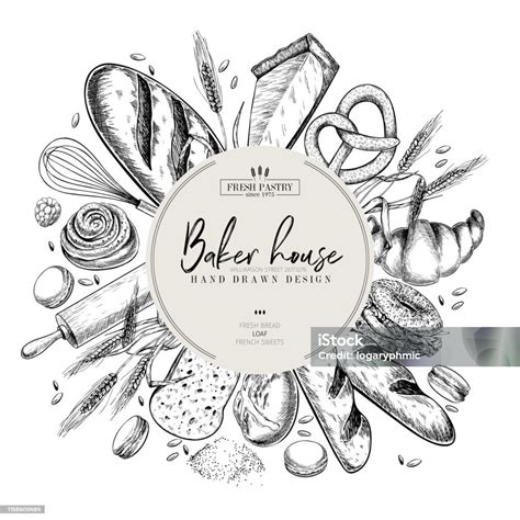 베이커리 세트 손으로 그린 빵 덩어리 크루아상 프레첼 마카롱 파이 바게트 밀가루 페이스트리 벡터 는 배너를 새겨 레스토랑과 카페 메뉴 베이커 숍 페이스트 과자 디자인 템플릿