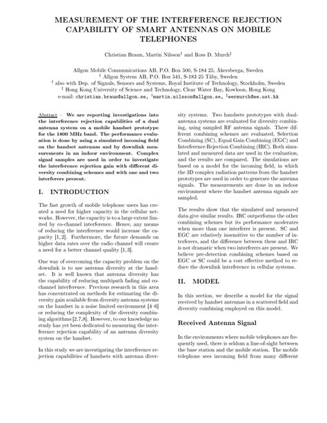 Pdf Measurement Of The Interference Rejection Capability Of Smart Antennas On Mobile Telephones