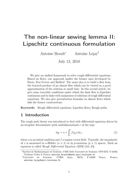 Pdf The Non Linear Sewing Lemma Ii Lipschitz Continuous Formulation