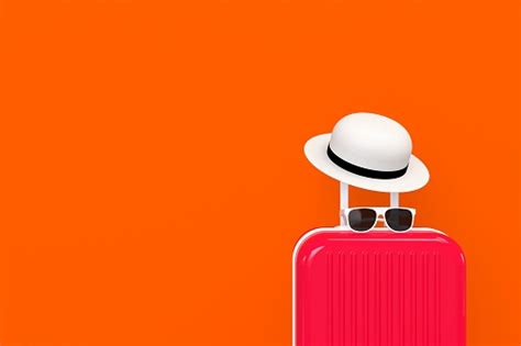 오렌지 색 배경에 선글라스와 모자가 달린 현대적인 빨간 가방 가방을 닫으세요 여행 개념 휴가 여행 공간을 복사합니다 최소한의 스타일 3d 렌더링 일러스트레이션 3차원 형태에