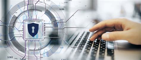 Digital Shield Icon Overlaid On Abstract Network With A Hand Typing On