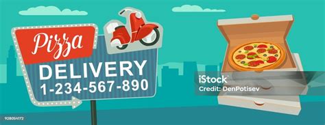 레트로 밤 기호 화살표와 함께입니다 복고 스타일 조명 광고 판 빨간 오토바이에 배달 피자입니다 도시 배경 벡터 평면 그림을 격리