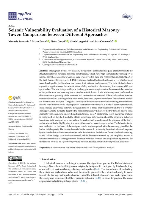 Pdf Seismic Vulnerability Evaluation Of A Historical Masonry Tower