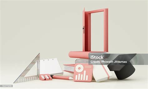 계단 책과 문 은 대학원 모자 오픈 북 풍선 통치자 통계 그래프 연필과 흰색 배경 3d 렌더링에 돋보기로 둘러싸여 열린 학습 개념 0명에 대한 스톡 사진 및 기타 이미지