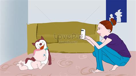 아기와 강아지 사진을 찍는 어머니 일러스트 무료 다운로드 Lovepik