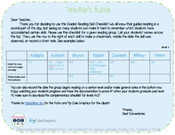 F P Guided Reading Observable Behavior Checklist Level A Z TPT
