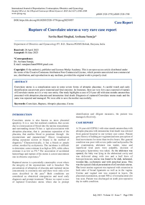 Pdf Rupture Of Couvelaire Uterus A Very Rare Case Report