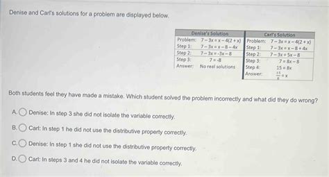 denise and carl s solutions for a problem are displayed below both