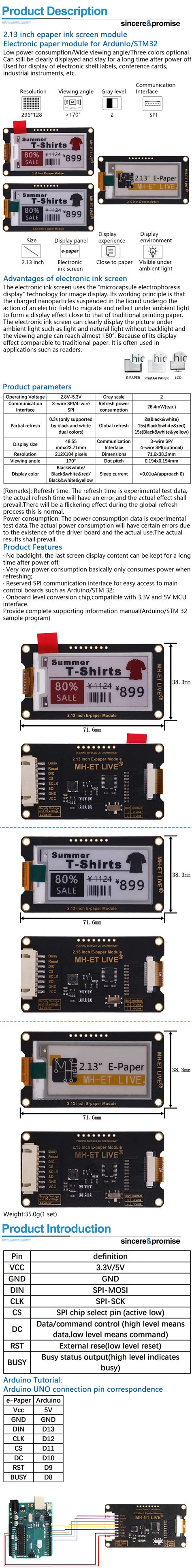 Tela E Módulo De E Ink Eink De 213 Polegadas Suporte Para Arduino Uno