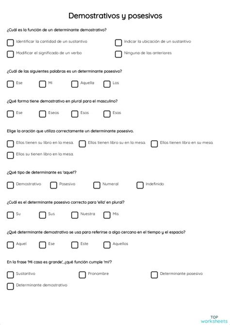 Actividad De Determinantes Y Pronombres Ficha Interactiva Topworksheets
