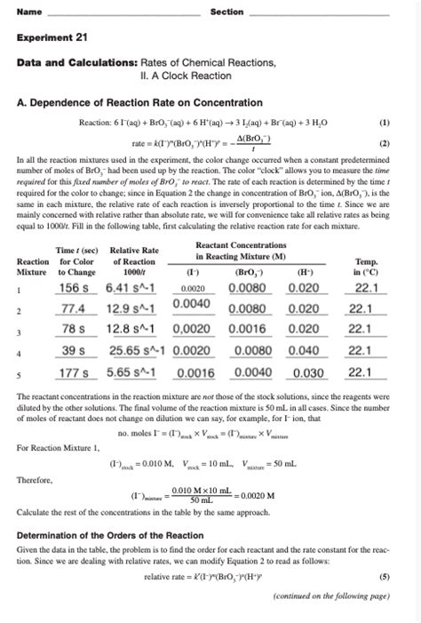 solved name section experiment 21 data and calculations