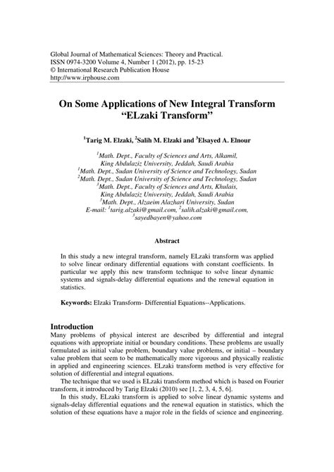 Pdf On Some Applications Of New Integral Transform “elzaki Transform”
