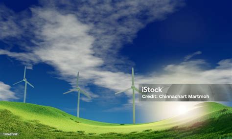 풍차와 푸른 하늘 흰색 구름 배경입니다 풍력 발전 단지의 풍력 터빈은 초원 나무가있는 야외에서 전기 에너지를 생성합니다 여름 포스터에 대 한 일반 풍경 배경입니다 3d