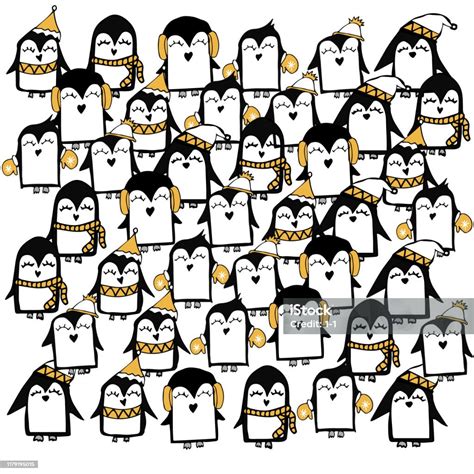 벡터 라인 손 그리기 펭귄입니다 낙서 캐릭터 일러스트레이션 멋진 디자인 요소 인쇄 어린이 침실 책 잡지 패턴을위한 완벽한 겨울 스타일의 의류 겨울에 대한 스톡 벡터 아트 및