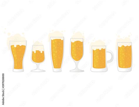 Set Of Beer In Glass Mug Different Types Of Mugs And Beers Flat Vector Illustration Isolated On
