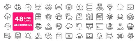웹 호스팅 선 스타일의 웹 아이콘 집합입니다 웹 및 모바일 앱을 위한 호스팅 및 클라우드 컴퓨팅 아이콘 웹 공간 데이터 교환 도메인 클라우드 웹 사이트 서버 트래픽 및
