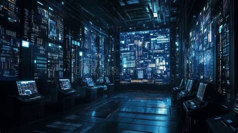 Futuristic Data Control Room with Multiple Digital Screens and Interfaces Stock Illustration ...