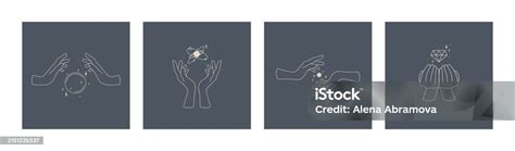 다양한 손 제스처 마법 요소가 있는 로고 디자인 행성 보석 마법의 구체 달 태양 및 별 난해하고 신비로운 디자인 요소 미니멀한 선형 스타일의 마법 물체 결정체에 대한 스톡