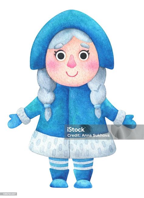 재미있는 눈 처녀 파란색 음영의 크리스마스 캐릭터 코코시닉을 입은 소녀와 흰 머리를 한 모피 코트 흰색 배경에 격리 된 수채화 클립 아트 Kokoshnik에 대한 스톡 벡터