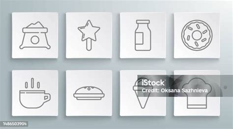 세트 라인 커피 컵 롤리팝 수제 파이 와플 콘에 아이스크림 요리사 모자 우유 병 도넛 및 가방 밀가루 아이콘 벡터 0명에 대한