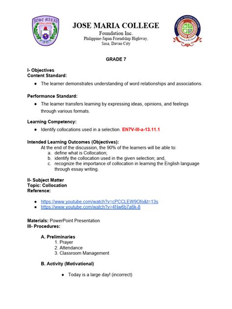 Final Collocation Lesson Plan Pdf Verb Adverb