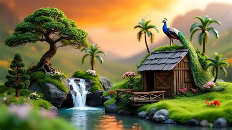 분재 나무와 생생한 오렌지색 하늘이 있는 환상의 풍경 초현실적 인 풍경 미니어처 세계 판타지 구성 배경 일러스트 및 사진 무료 다운로드 Pngtree