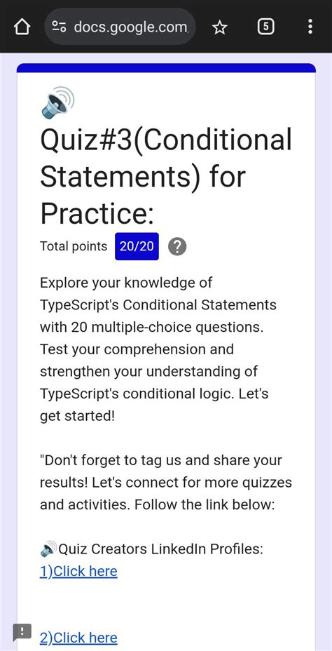 umar farooq on linkedin alhamdulillah i got 20 20 in typescript conditional statements quiz quiz…