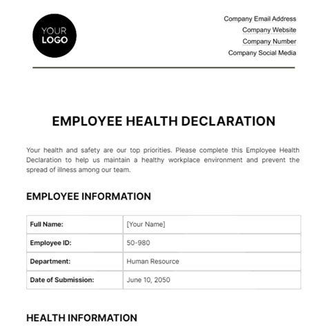 Free Employee Health Declaration Hr Template To Edit Online