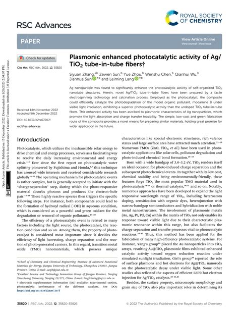 Pdf Plasmonic Enhanced Photocatalytic Activity Of Agtio 2 Tube In Tube Fibers