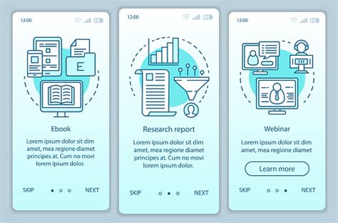고려 콘텐츠 청록색 온보딩 모바일 앱 페이지 화면 벡터 템플릿 선형 일러스트레이션이 있는 연구 보고서 연습 웹 사이트 단계입니다 Ux Ui Gui 스마트폰 인터페이스 컨셉