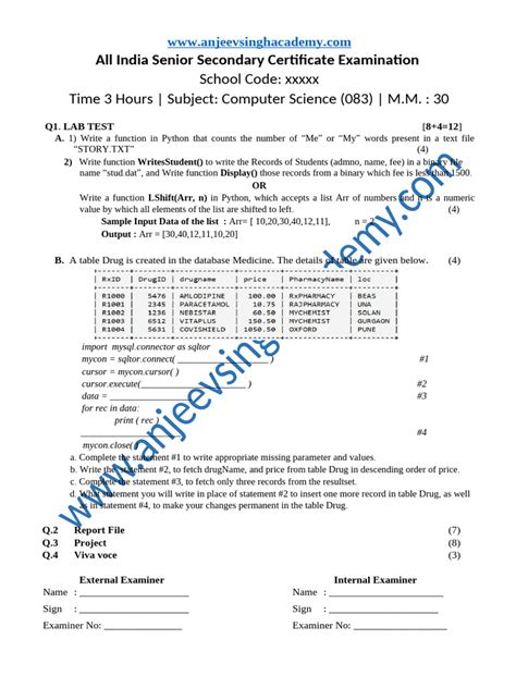 Aissce Computer Science Practicals Qp 3 Pdf Computer Science