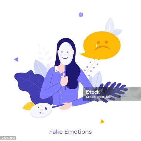 웃는 마스크로 얼굴을 가리고 있는 슬픈 여자 거짓 행복 아래 부정적인 감정을 숨기는 가짜 감정의 개념 유독한 긍정 현대 평면