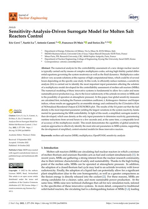 Pdf Sensitivity Analysis Driven Surrogate Model For Molten Salt