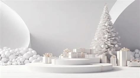 흰색 럭셔리 연단 3d 렌더링에 크리스마스 트리와 선물 상자가 있는 숨막히는 겨울 원더랜드 디스플레이 장면 모형 플랫폼 배경 3d 장면 배경 일러스트 및 사진 무료