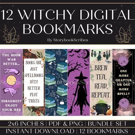 12 Witchy Printable Bookmarks Instant Download Png Pdf Fantasy