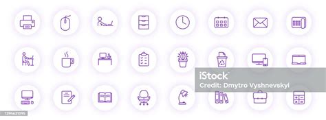 작업 공간 보라색 윤곽선 아이콘은 보라색 그림자가있는 밝은 둥근 버튼에 있습니다 웹 모바일 앱 Ui 디자인 및 인쇄를 위한 작업 공간 아이콘 세트 0명에 대한 스톡 벡터