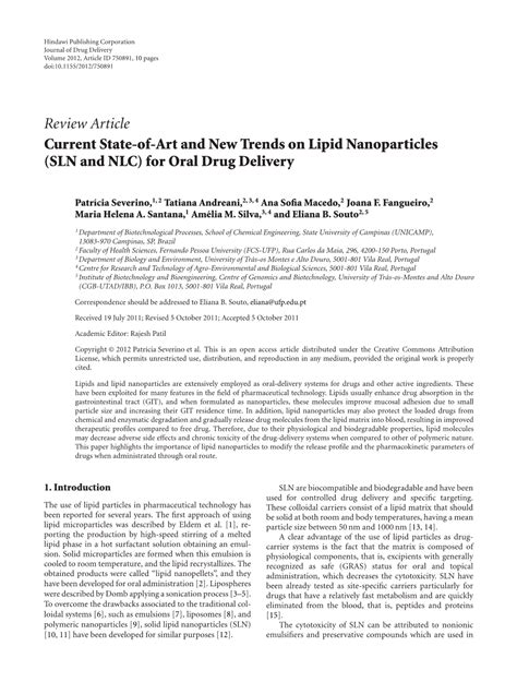 Review Article Current State Of Art And New Trends On Lipid Nanoparticles Sln And Nlc For Oral