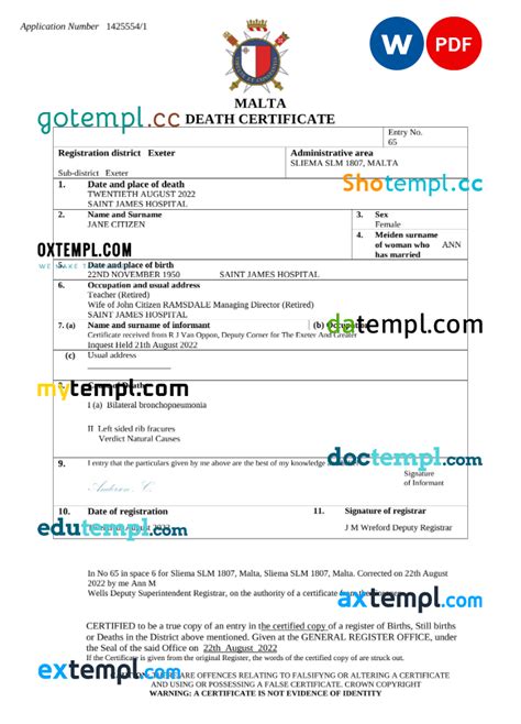 Maltese Death Certificate Word And Pdf Example Completely Editable
