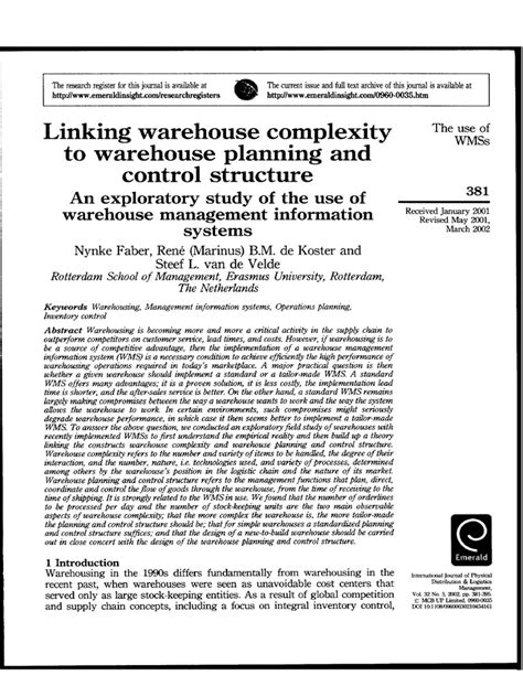 Linking Warehouse Complexity To Warehouse Planning And Control Structure Ok Pdf