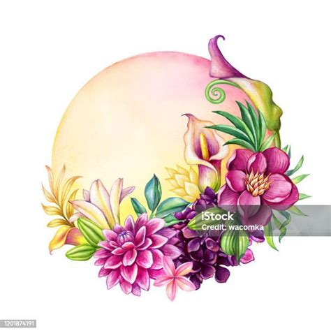 디지털 수채화 식물 그림 야생 열대 꽃 둥근 화환 야자수 잎 흰색 배경에 고립 된 꽃 꽂이 인사말 카드 템플릿 복사 공간 0명에 대한 스톡 벡터 아트 및 기타 이미지