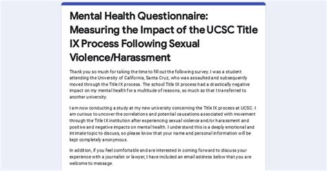 Mental Health Questionnaire Measuring The Impact Of Ucsc Title Ix