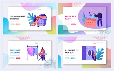 세탁 서비스 웹 사이트 방문 페이지 서식 파일 집합입니다 남성과 여성의 문자는 기계 다림 질 롤링 카트를 세척 하는 옷을 로드 합니다 세척 서비스 웹 페이지 만화 평면 벡터