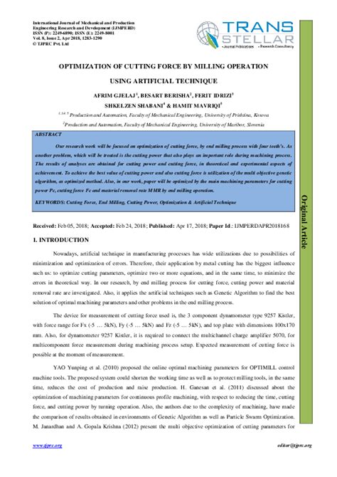 Pdf Optimization Of Cutting Force By Milling Operation Using Artificial Technique