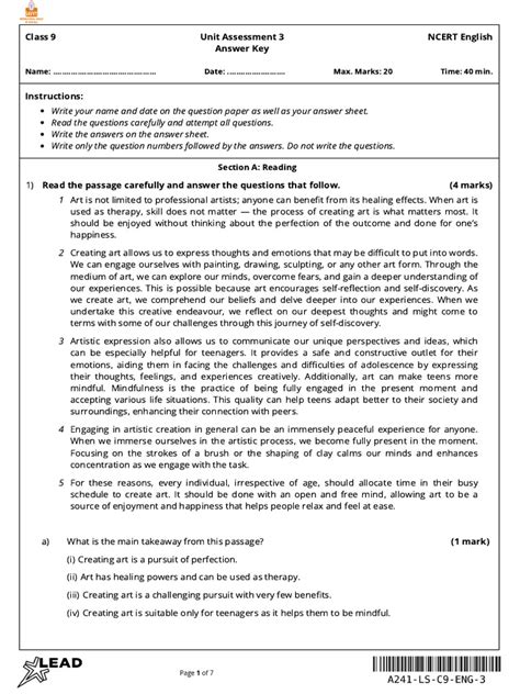 class9 ncert english asm 1 answerkey 3474 pdf